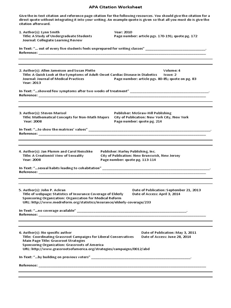 Apa Citation Practice Worksheet Apa Format Discounts Title