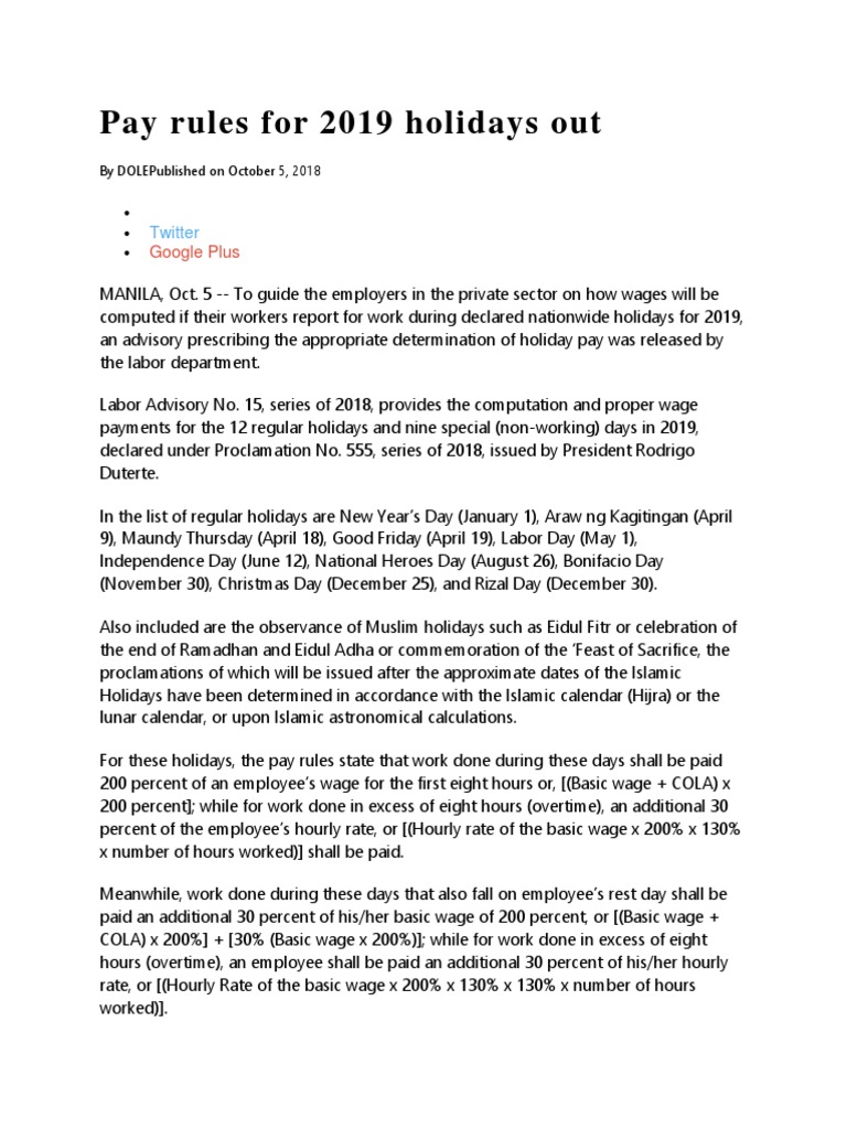 Pay rules for 2019 holidays | PDF | Overtime | Working Conditions