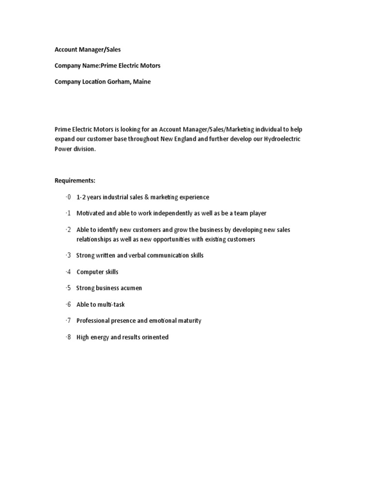Account Manager/Sales Position at Prime Electric | PDF