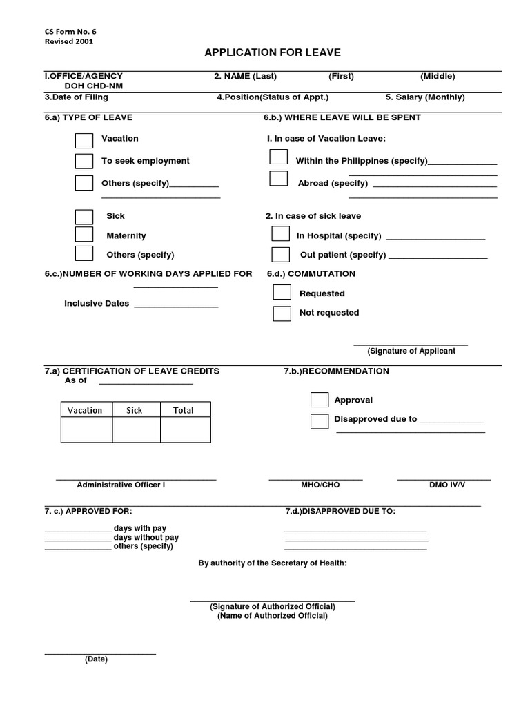 Application For Leave Form CS 06 | PDF | Health Care | Government