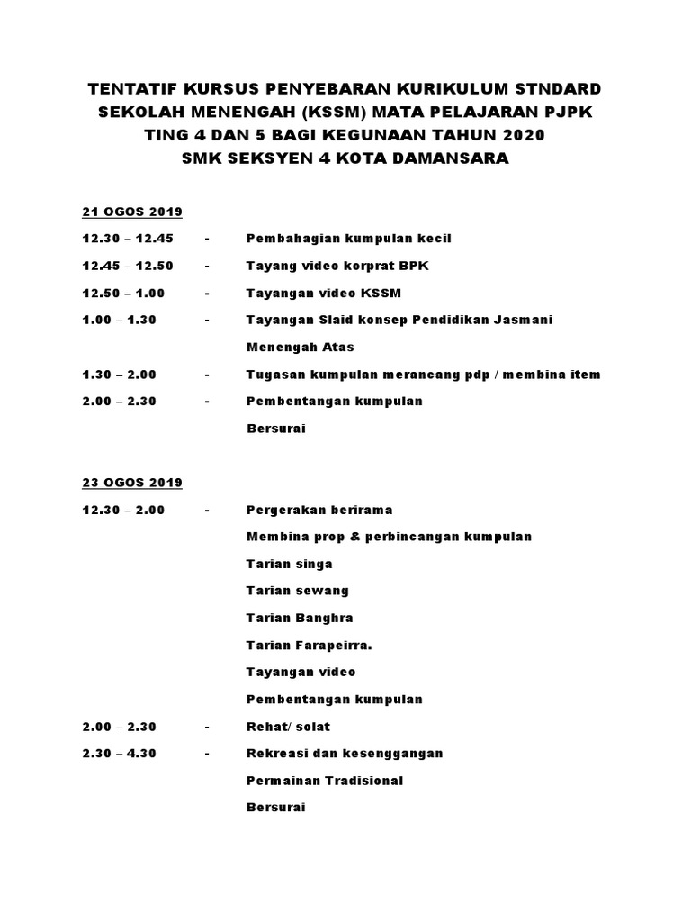 Tentatif Kursus Penyebaran Kurikulum Kd4 Pdf