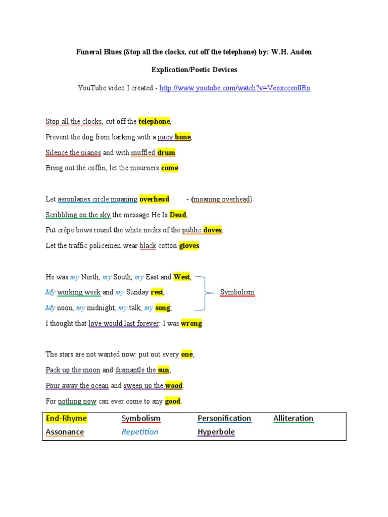 Analysis of Auden's Funeral Blues Poem | PDF