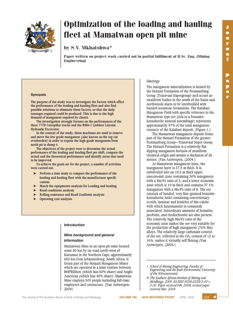 Optimization of The Loading and Hauling Fleet at Mamatwan Open Pit Mine | Download Free PDF ...