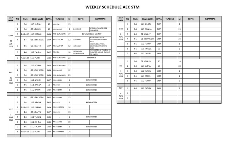 Weekly Schedule Aec STM: Ms. Iga Ms. Zahro Mr. Gunawan Ms. Kartika ...