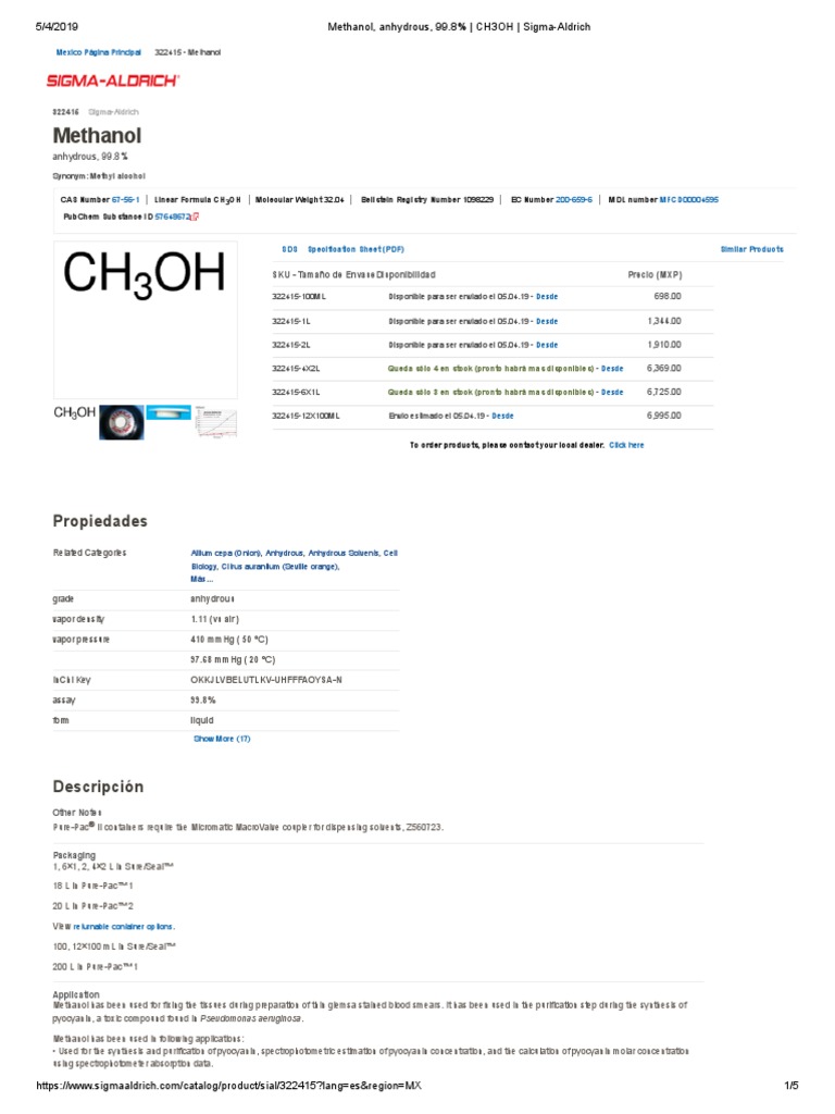 Methanol, Anhydrous, 99.8% - CH3OH - Sigma-Aldrich | PDF | Methanol ...