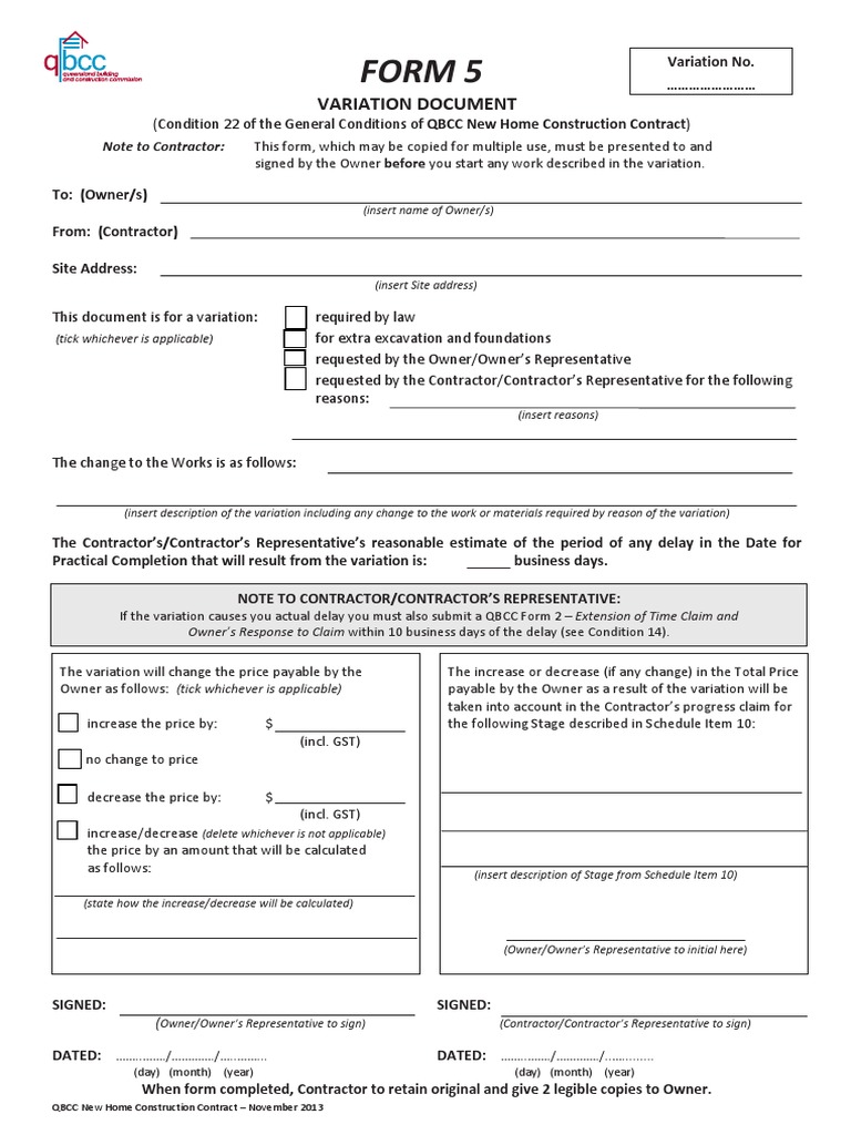 Construction Contract Variation Form | PDF | General Contractor | Business