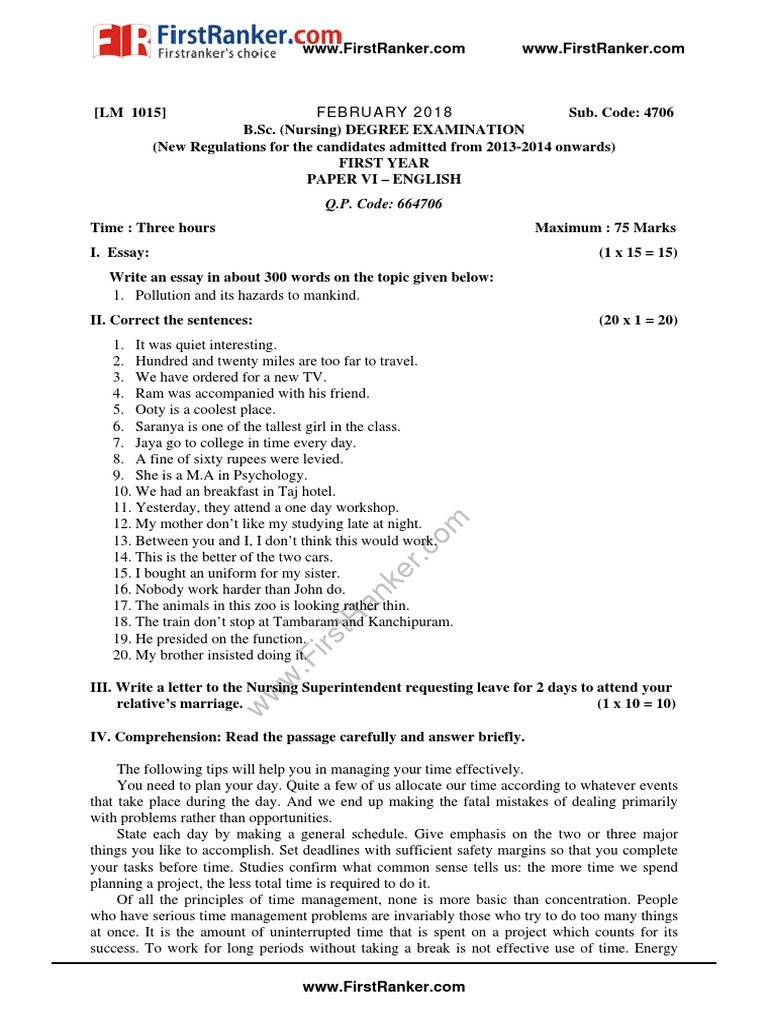 B.SC Nursing 2018 Question Papers First Year English FR 2 | PDF | Time ...
