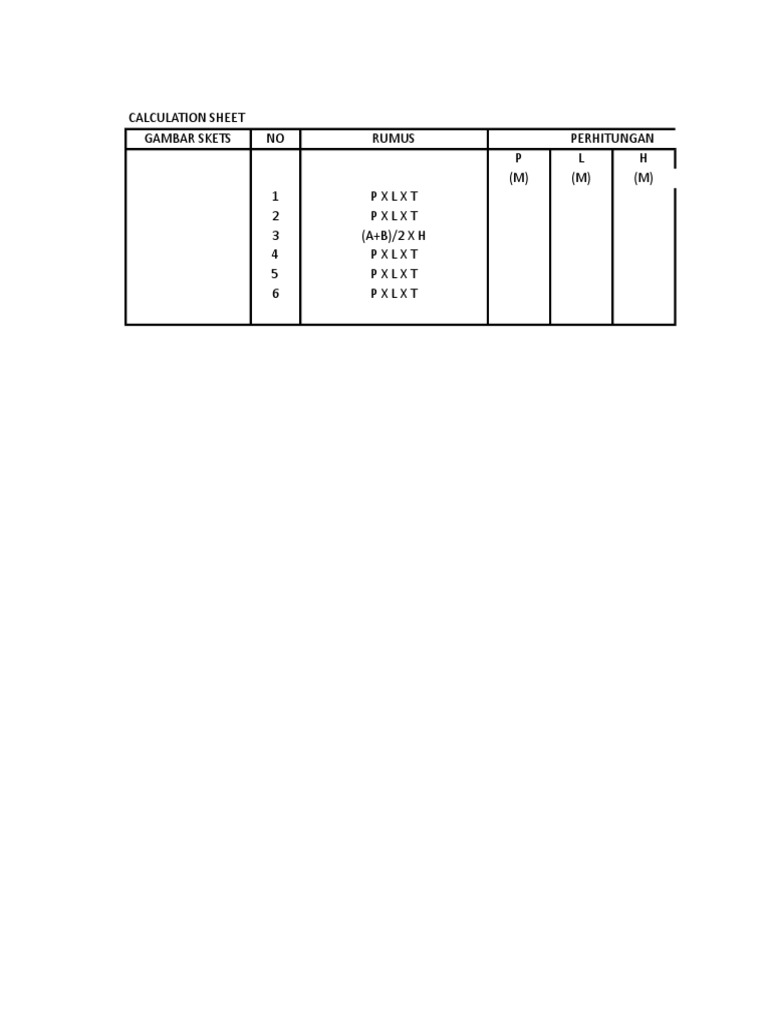 Calculation Sheet Gambar Skets NO Rumus Perhitungan P L H (M) (M) (M) 1 ...
