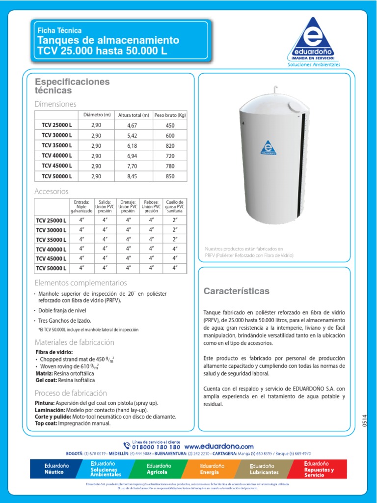 Tanques PRFV 25-50k L: Especificaciones | PDF | Agua | Materiales