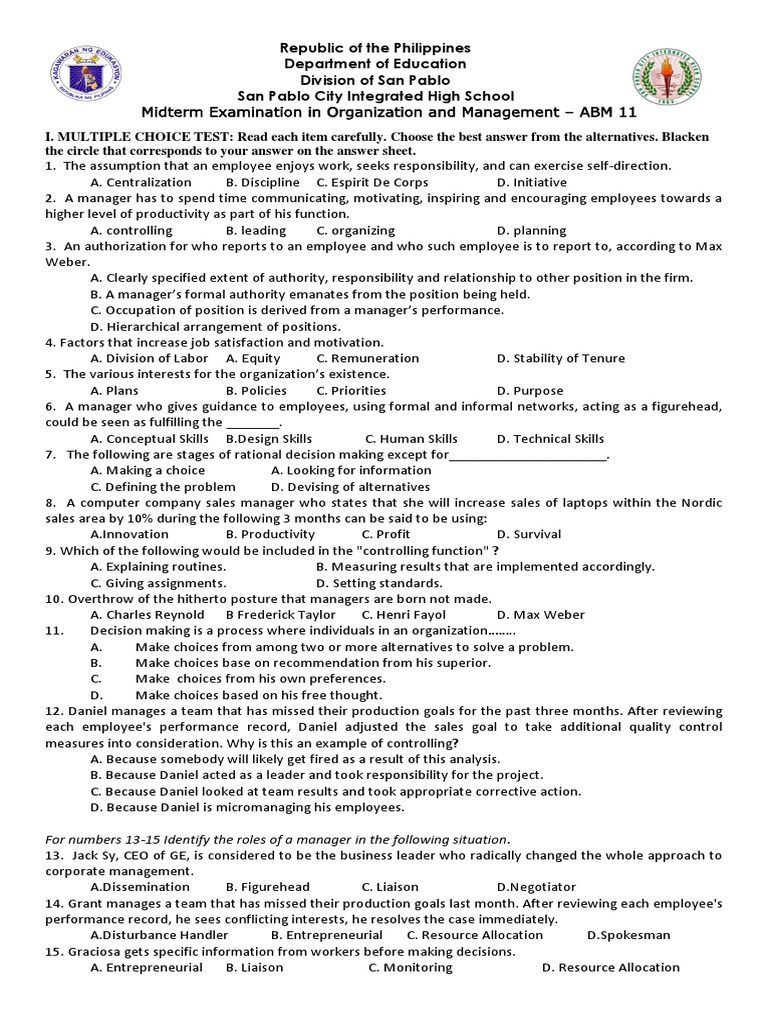 Midterm Examination in Organization and Management - FirstSem - ABM 11 ...