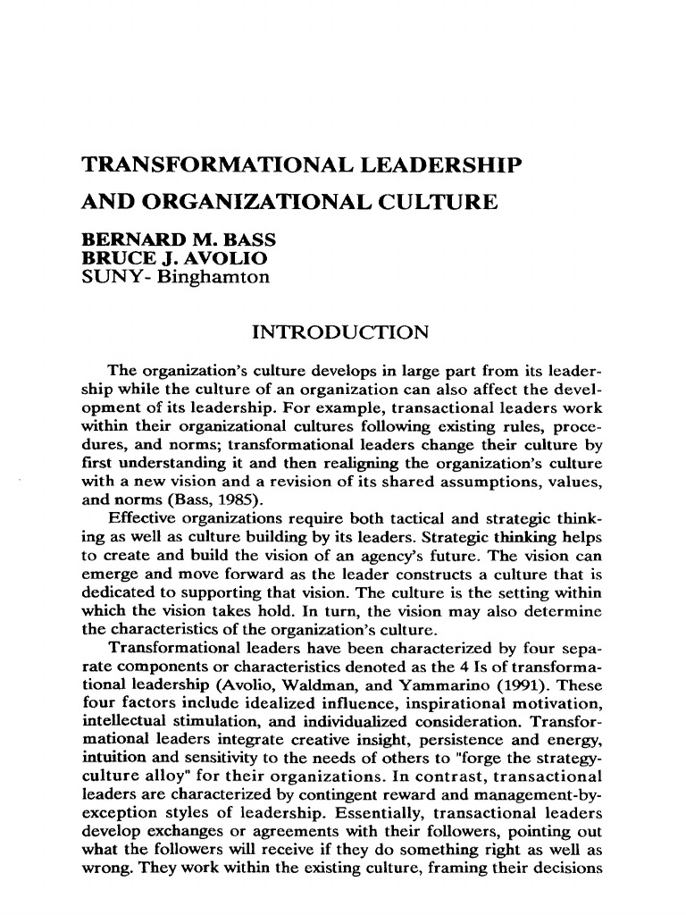 Transformational Leadership and Organizational Culture: Bernard M. Bass ...