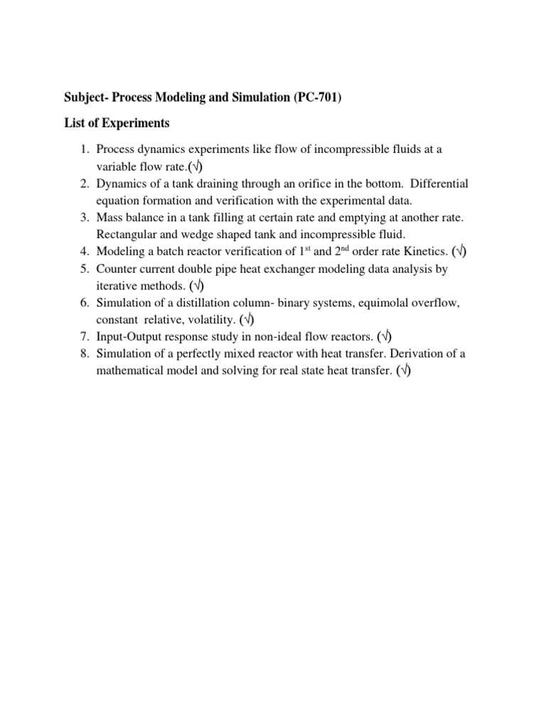 Subject-Process Modeling and Simulation (PC-701) List of Experiments | PDF