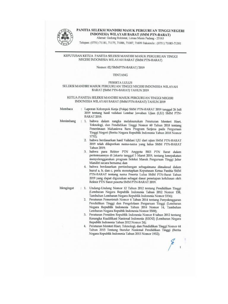 SK Data Siswa Lulus SMMPTN 2019 PTN 112 Unimal-4 | PDF