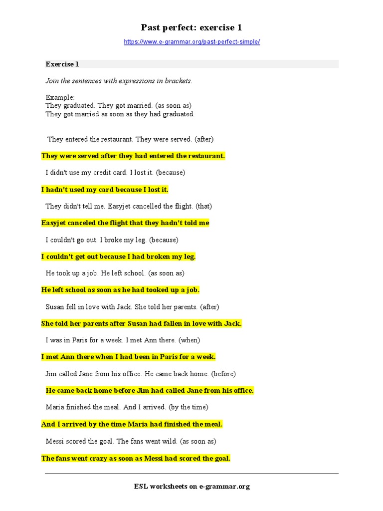 Past Perfect Sentence Joining Exercise | PDF