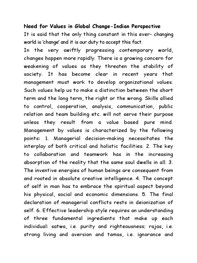 Need For Values in Global Change | PDF | Value (Ethics) | Globalization