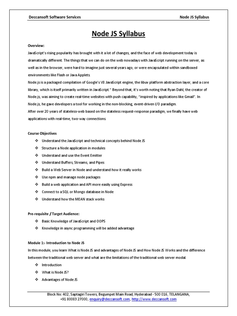 Deccansoft Software Services Node JS Syllabus | PDF | Java Script | Digital Technology