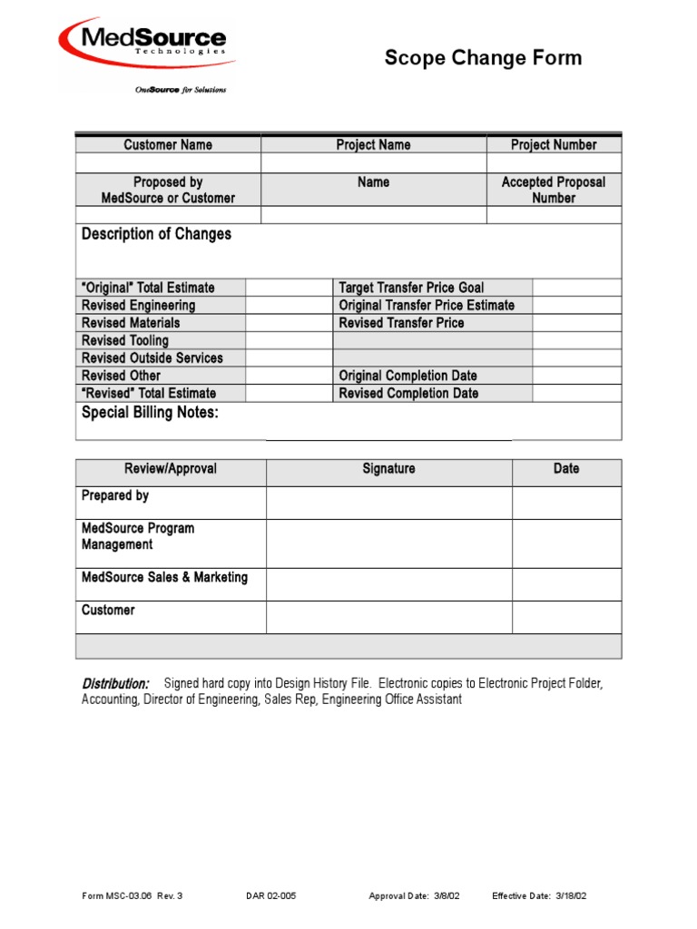 Scope Change Form: Description of Changes | PDF