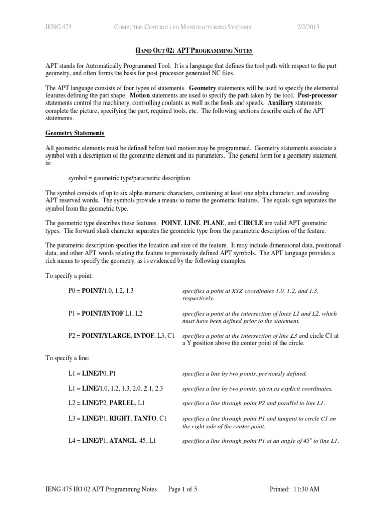APT Programming Guide for CNC Systems | PDF | Circle | Geometry
