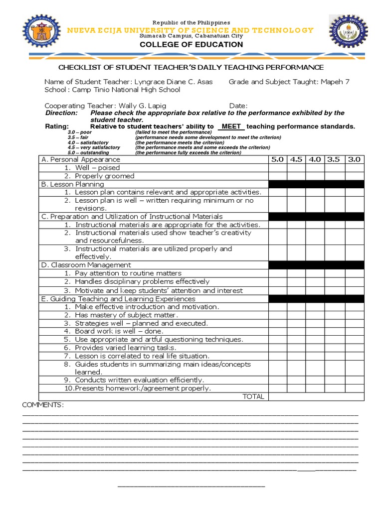 Student Teacher Performance Checklist | PDF | Lesson Plan | Teachers