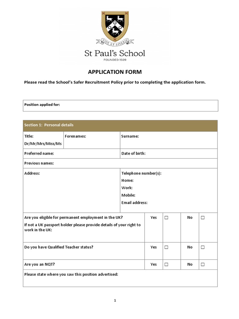 Application Form: Please Read The School's Safer Recruitment Policy ...