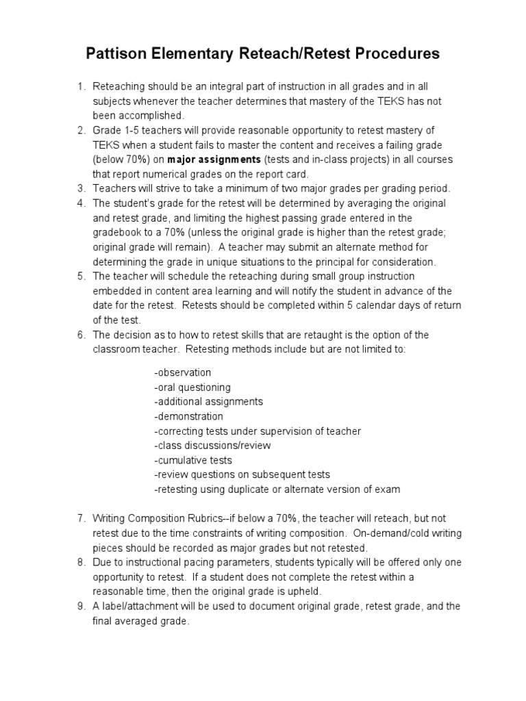 Reteach Retest Procedures Pe 2019 | PDF