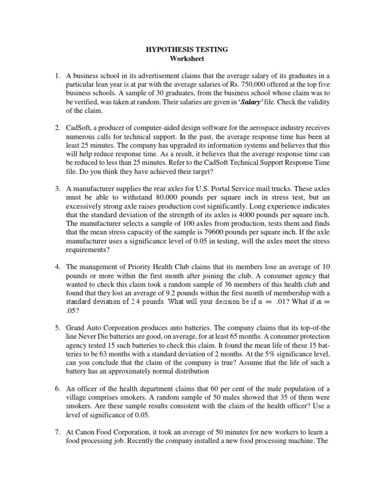 Hypothesis Testing Worksheet: Analyzing Various Business, Marketing ...