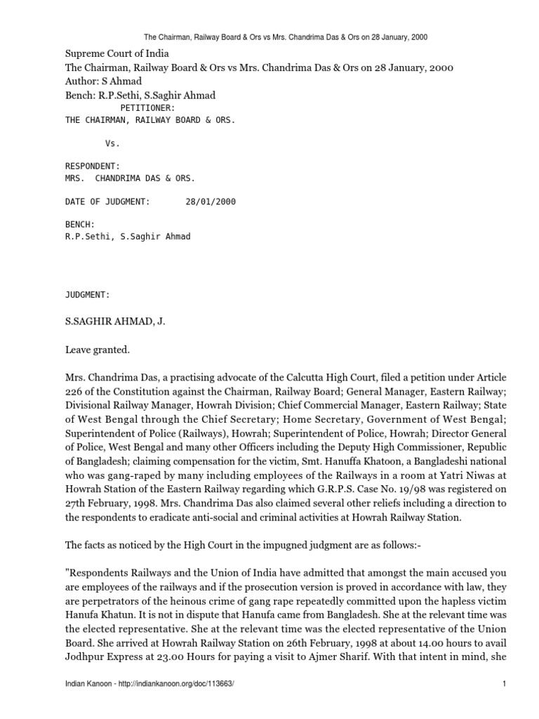 The Chairman, Railway Board & Ors Vs Mrs. Chandrima Das & Ors On 28 January, 2000 PDF | PDF ...