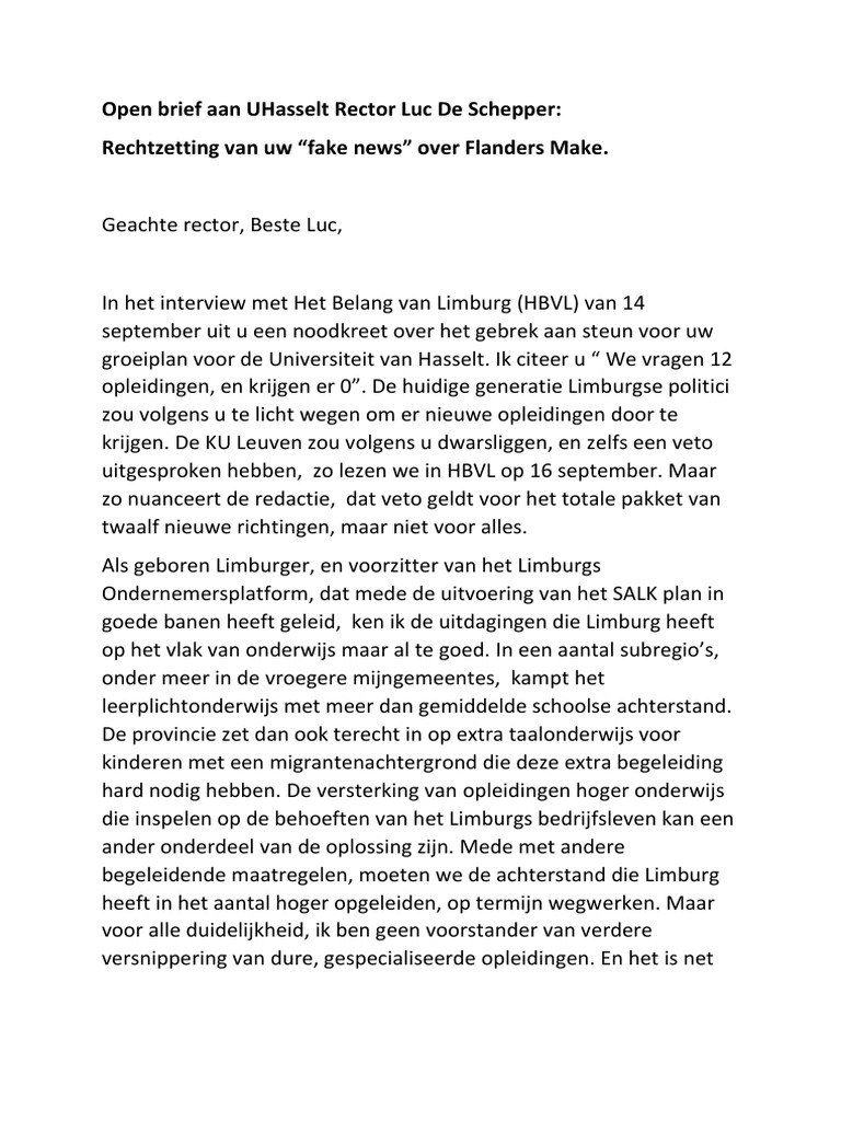 Open Brief Aan UHasselt Rector Luc de Schepper | PDF