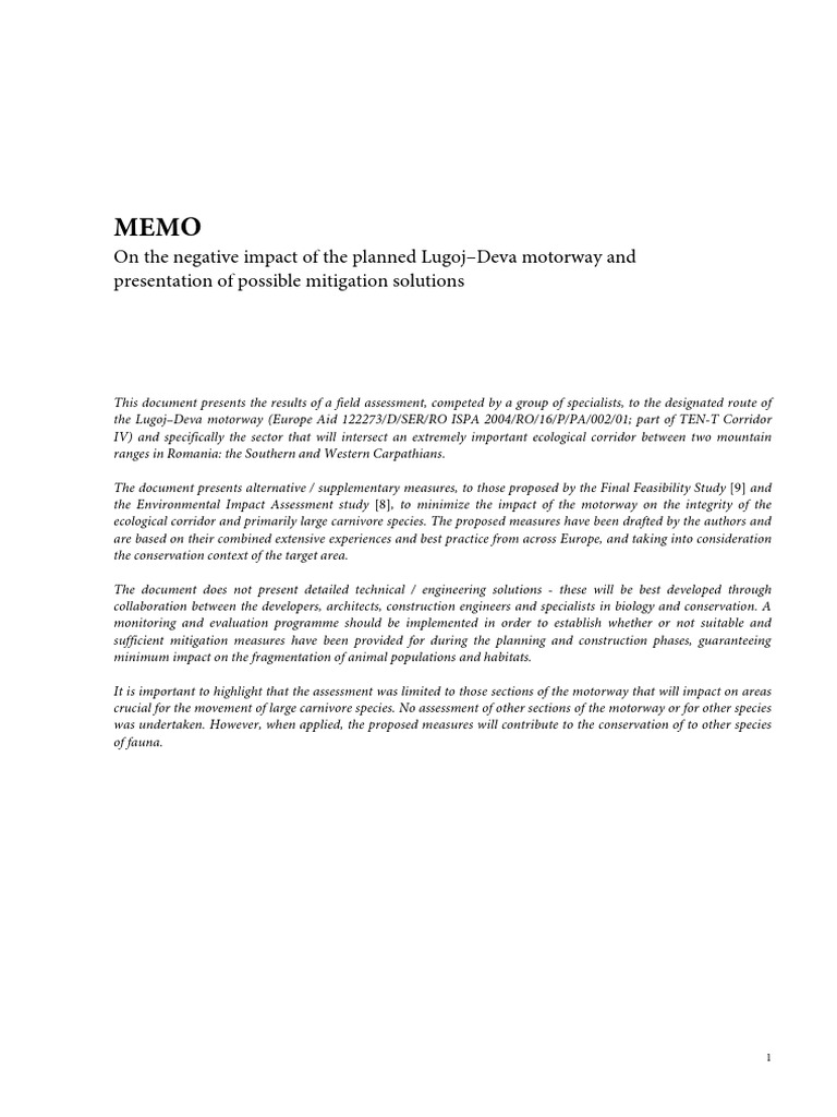 Memo Lugoj Deva Motorway PDF | PDF | Controlled Access Highway | Conservation Biology