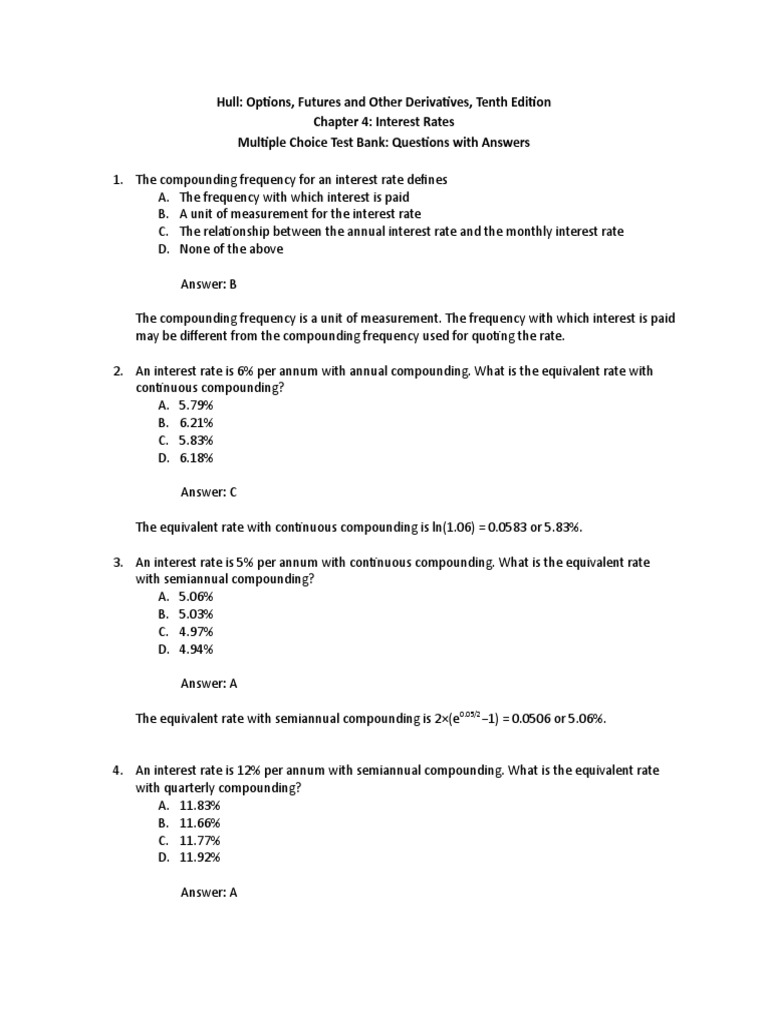 Hull OFOD10e MultipleChoice Questions and Answers Ch04 | PDF | Yield Curve | Bonds (Finance)