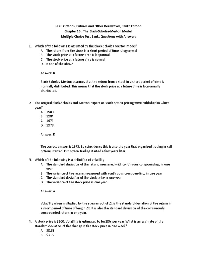 Hull OFOD10e MultipleChoice Questions and Answers Ch15 | PDF | Black–Scholes Model | Option ...
