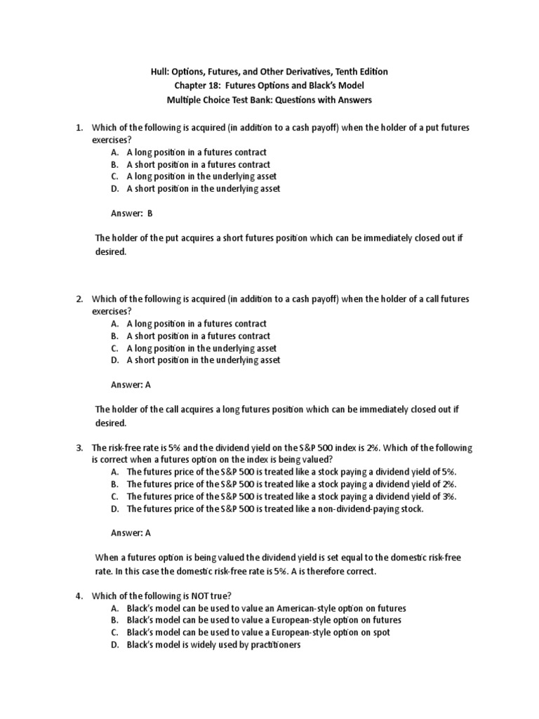 Hull OFOD10e MultipleChoice Questions and Answers Ch18 | PDF | Option (Finance) | Futures Contract