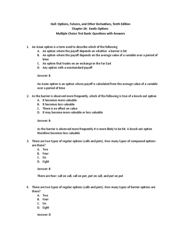 Hull OFOD10e MultipleChoice Questions and Answers Ch26 | PDF | Put Option | Option (Finance)