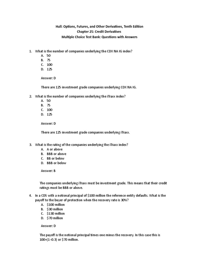 Hull OFOD10e MultipleChoice Questions and Answers Ch25 | PDF | Credit Default Swap ...