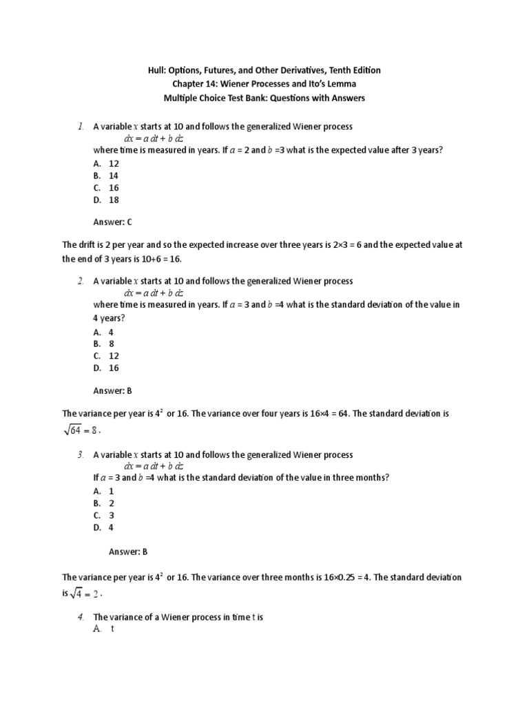 Hull OFOD10e MultipleChoice Questions and Answers Ch14 | PDF | Stochastic Process | Variance