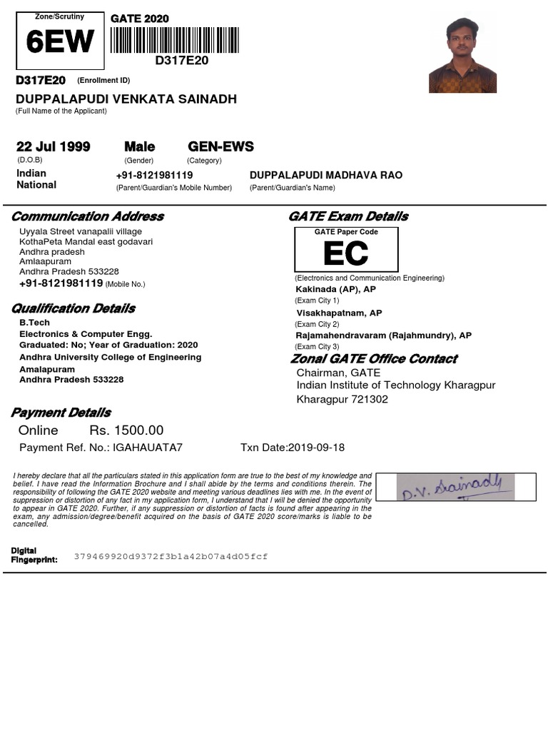 22 Jul 1999 Male Gen-Ews: Communication Address GATE Exam Details | PDF