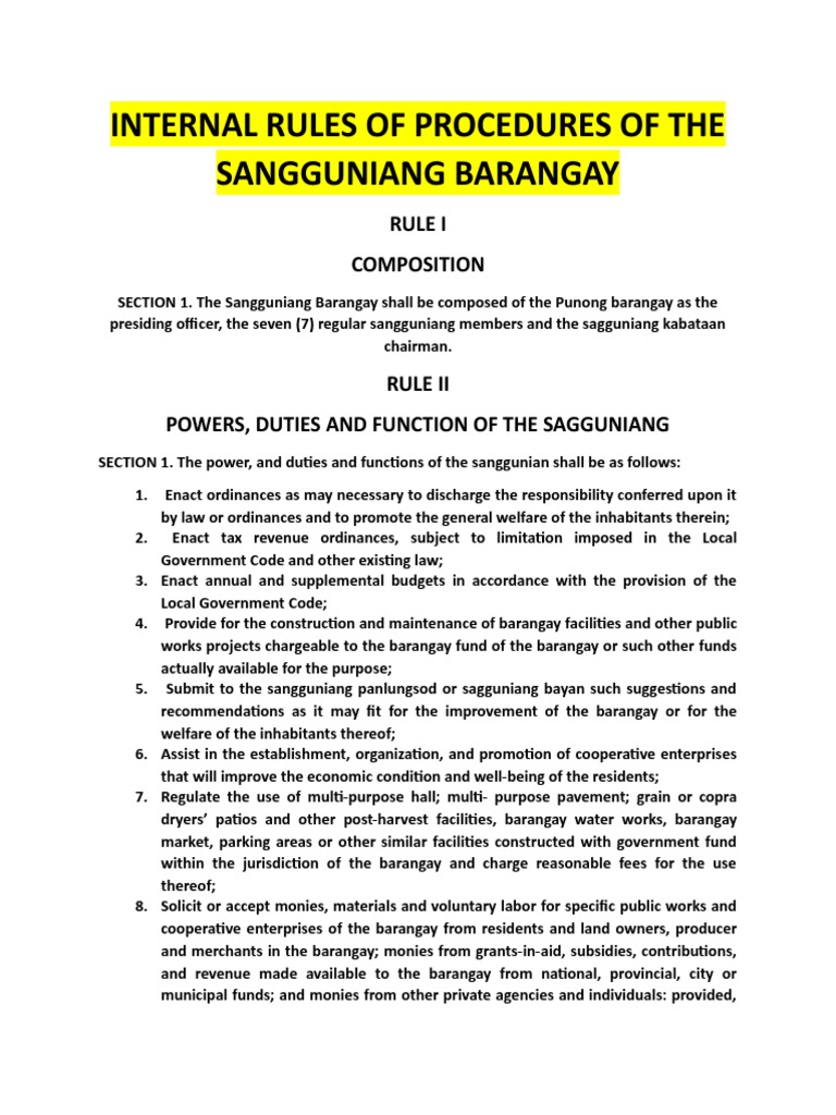 Internal Rules of Procedures of The Sangguniang Barangay: Rule I ...