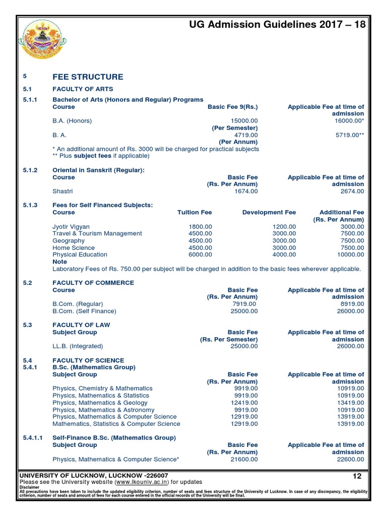 Lucknow University UG Fees 2017-18 | PDF | Bachelor's Degree | Bachelor ...