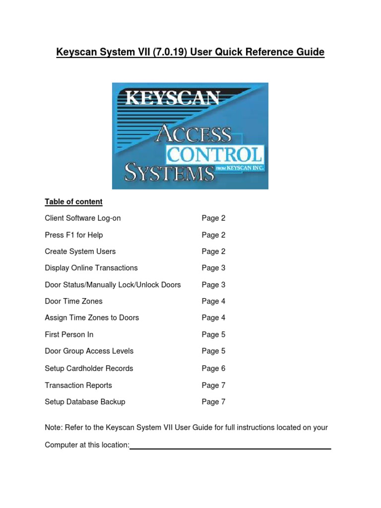 Keyscan System VII (7.0.19) User Quick Reference Guide: Table of ...