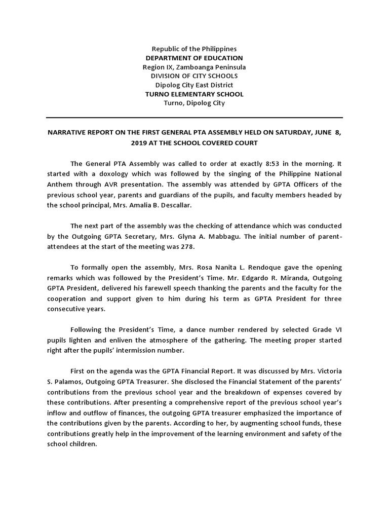 Summary of Discussions from Turno Elementary School's First General PTA ...