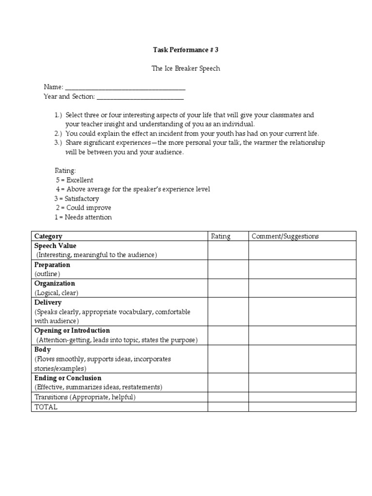 Ice Breaker Speech Rubric | PDF