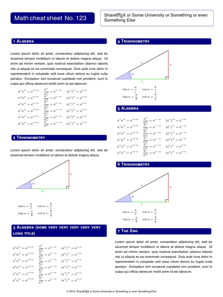 Math Cheat Sheet No. 123: 1 Algebra 4 Trigonometry | PDF | Text ...