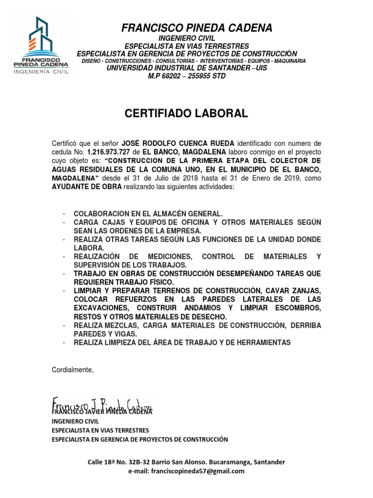 Certificado Laboral Jose Rodolfo PDF | PDF | Ingeniero civil | Ingeniería