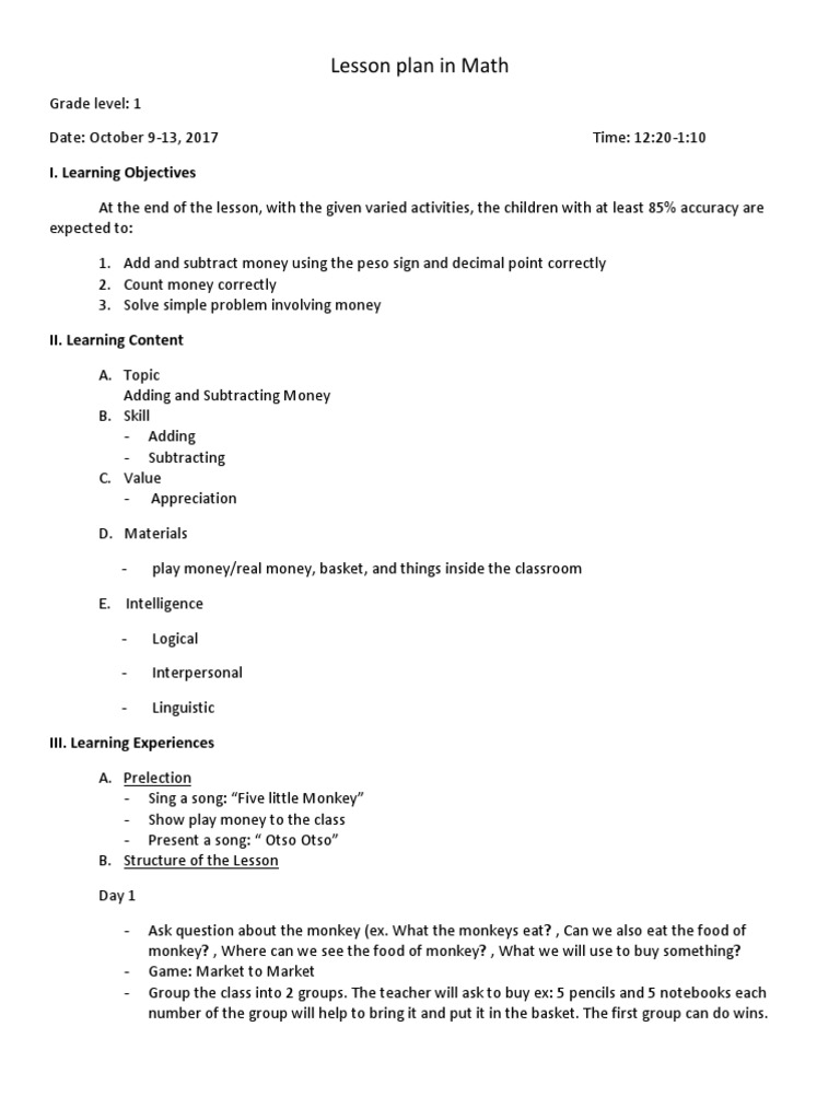 Lesson Plan in Math: I. Learning Objectives | PDF | Multiplication ...