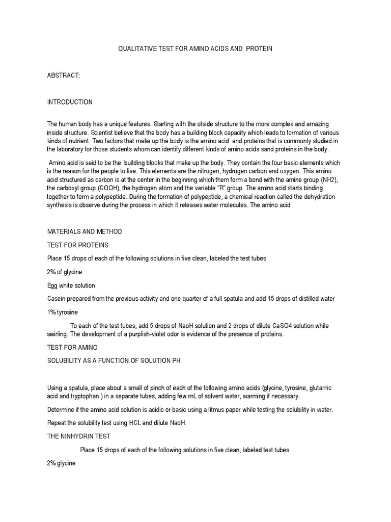 Qualitative Test For Amino Acids and Protein | PDF | Amine | Amino Acid
