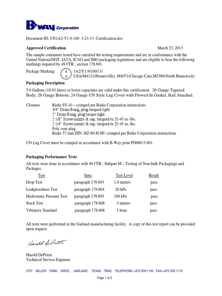 UN1A2-Y1.9-100 3-23-13 Certification | PDF | Manufactured Goods ...