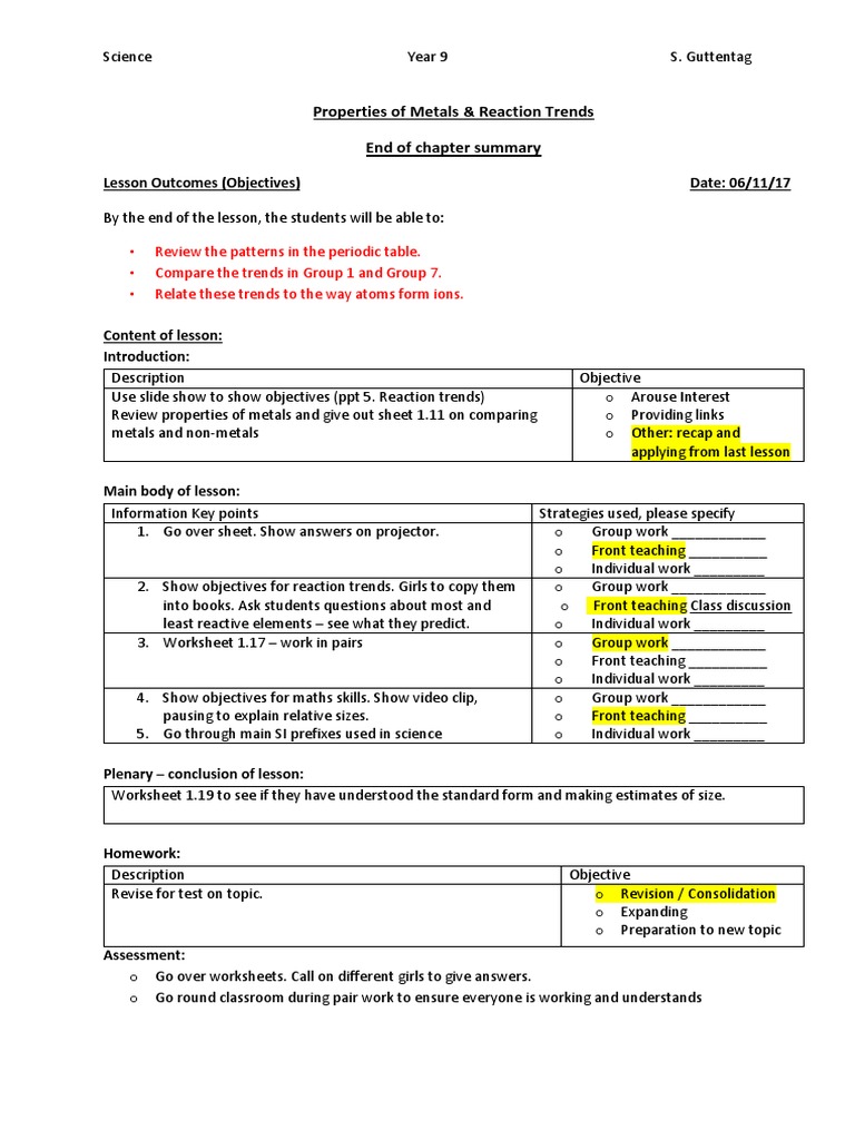 Properties of Metals and Reaction Trends | PDF | Worksheet | Metals