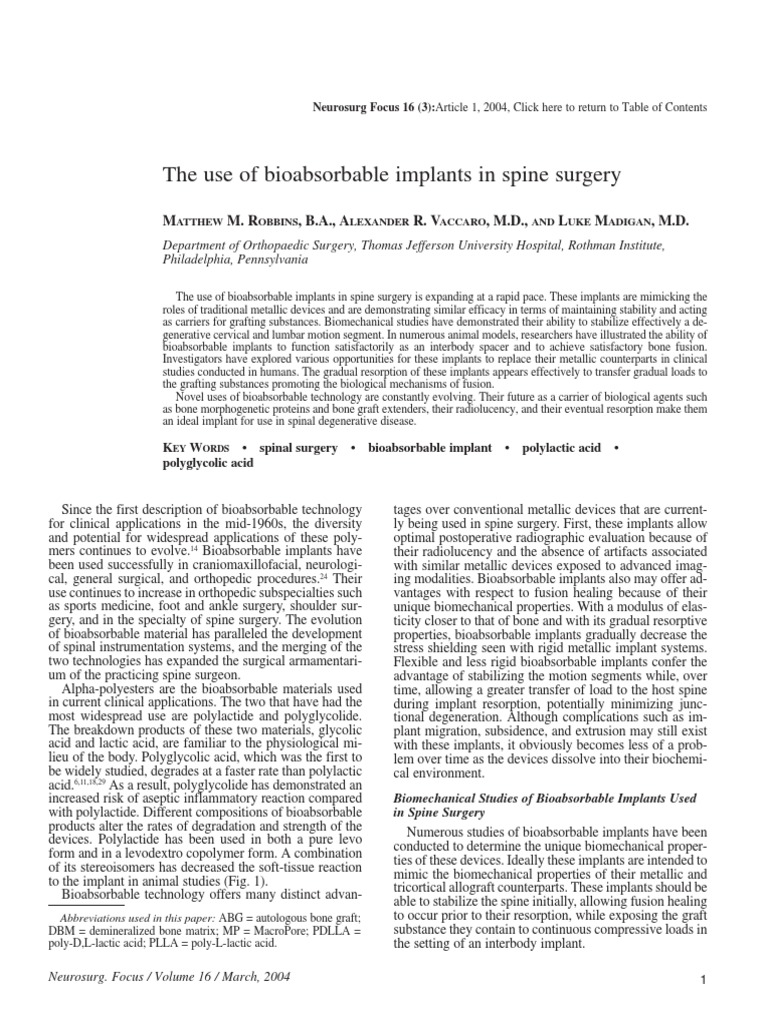 (10920684 - Neurosurgical Focus) The Use of Bioabsorbable Implants in ...