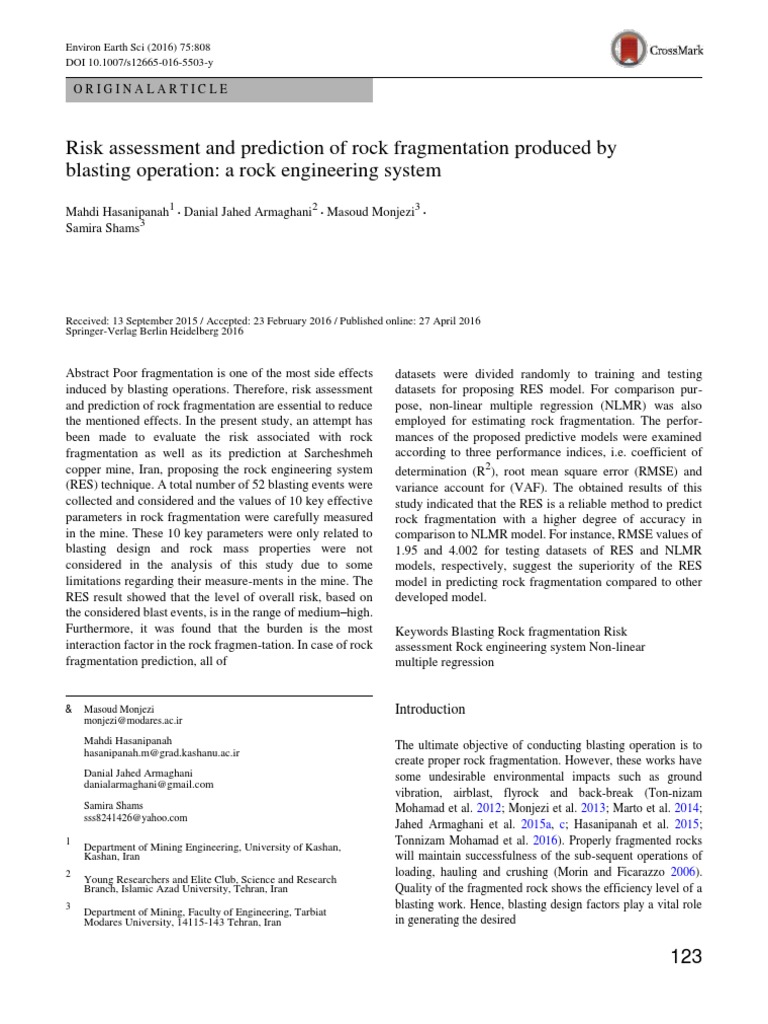 Risk Assessment and Prediction of Rock Fragmentation Produced by Blasting Operation: A Rock ...