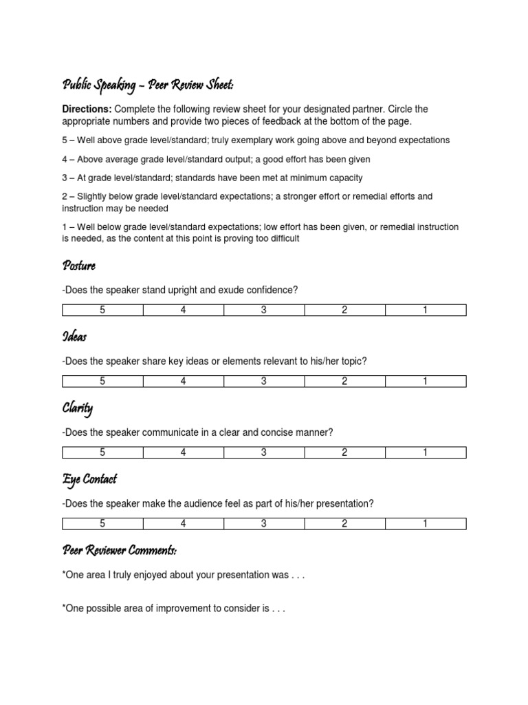 Public Speaking - Peer Review Sheet | PDF